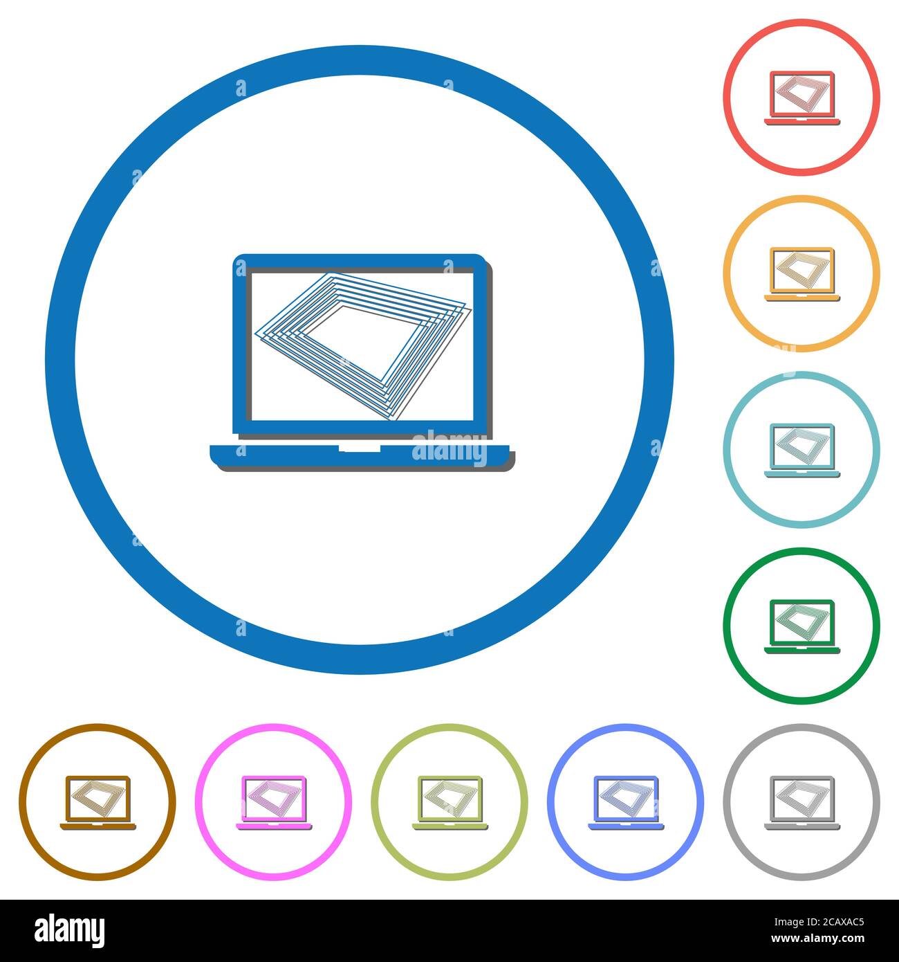 Screen saver on laptop flat color vector icons with shadows in round ...