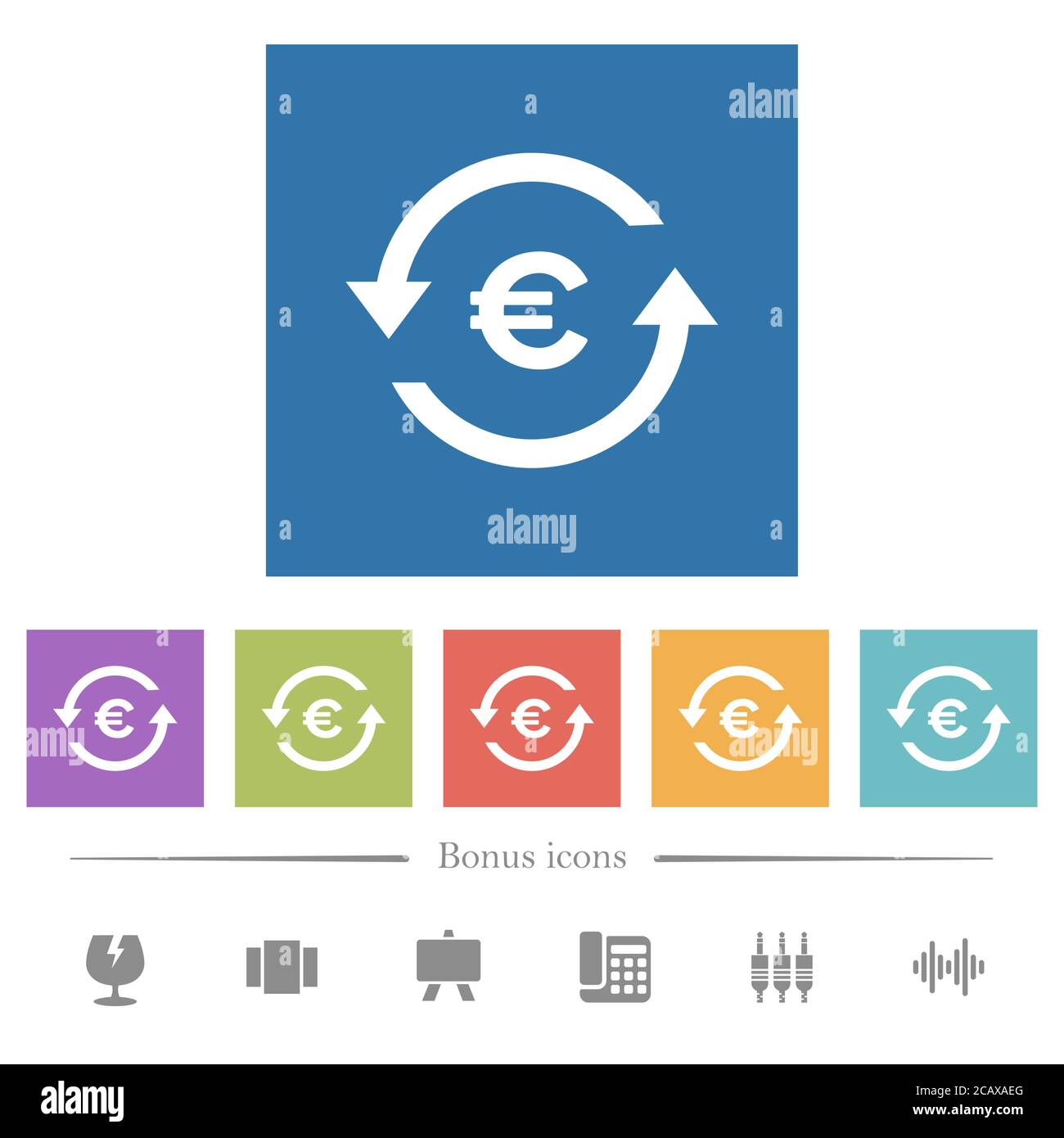 Euro pay back flat white icons in square backgrounds. 6 bonus icons ...
