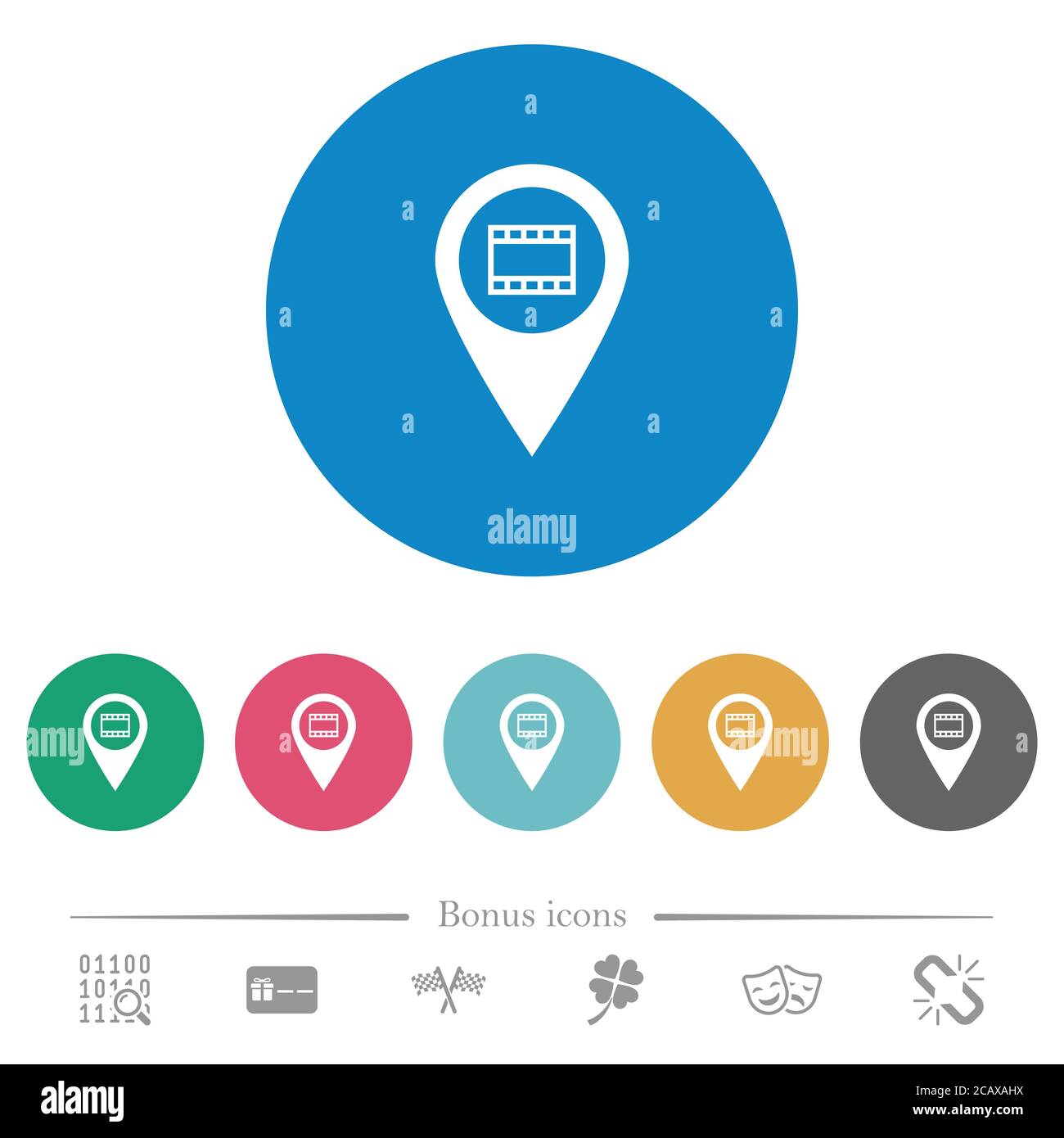 Cinema GPS map location flat white icons on round color backgrounds. 6 ...