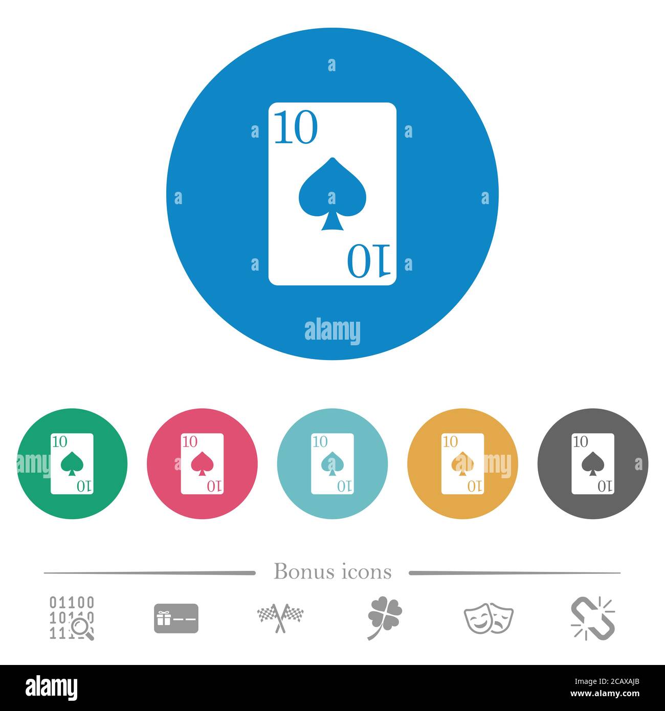 Ten of spades card flat white icons on round color backgrounds. 6 bonus ...