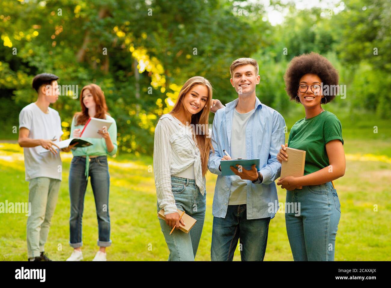 College Social Life. Diverse Multicultural Students Posing Outdoors ...