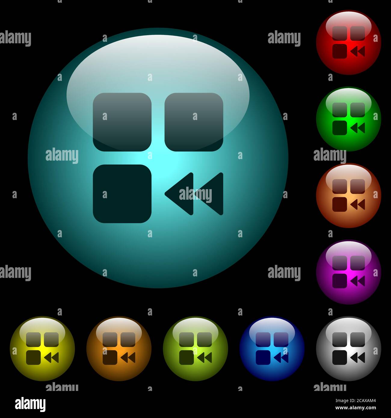Component fast backward icons in color illuminated spherical glass ...
