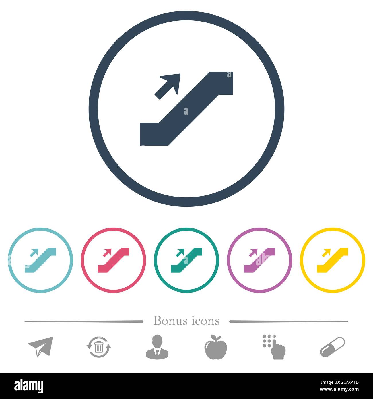 Escalator up sign flat color icons in round outlines. 6 bonus icons ...