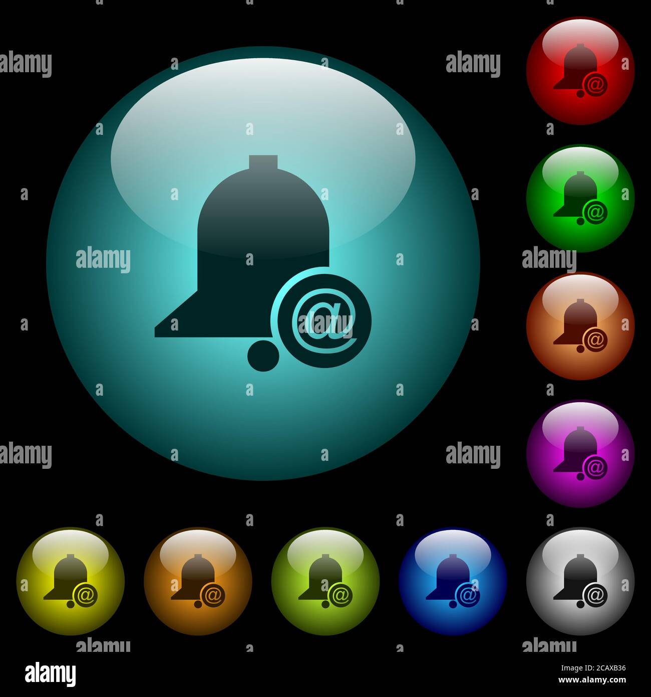 Email reminder icons in color illuminated spherical glass buttons on ...