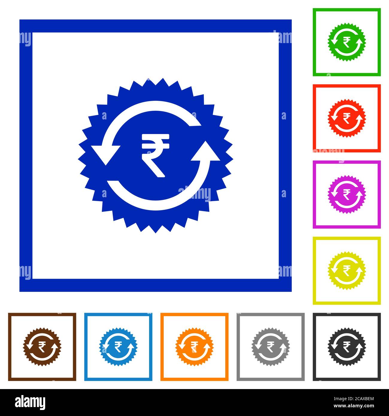 Rupee pay back guarantee sticker flat color icons in square frames on ...