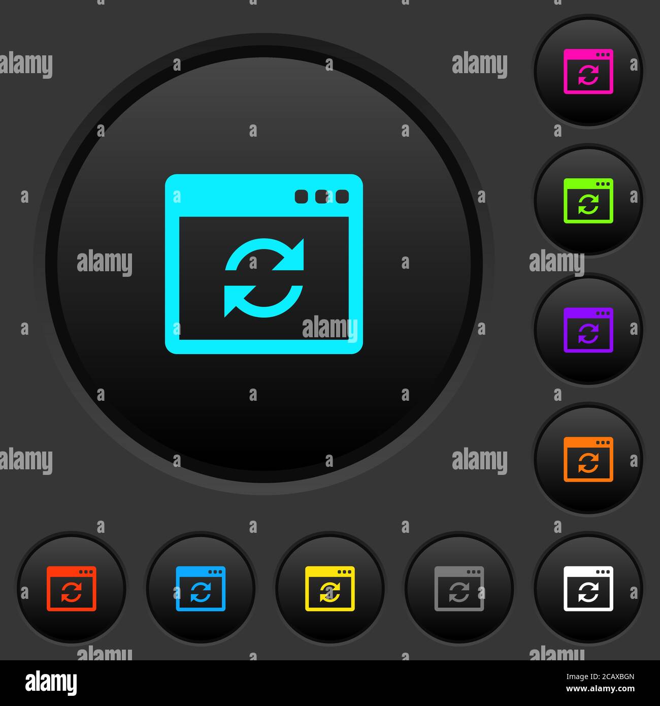 Application syncronize dark push buttons with vivid color icons on dark grey background Stock ...