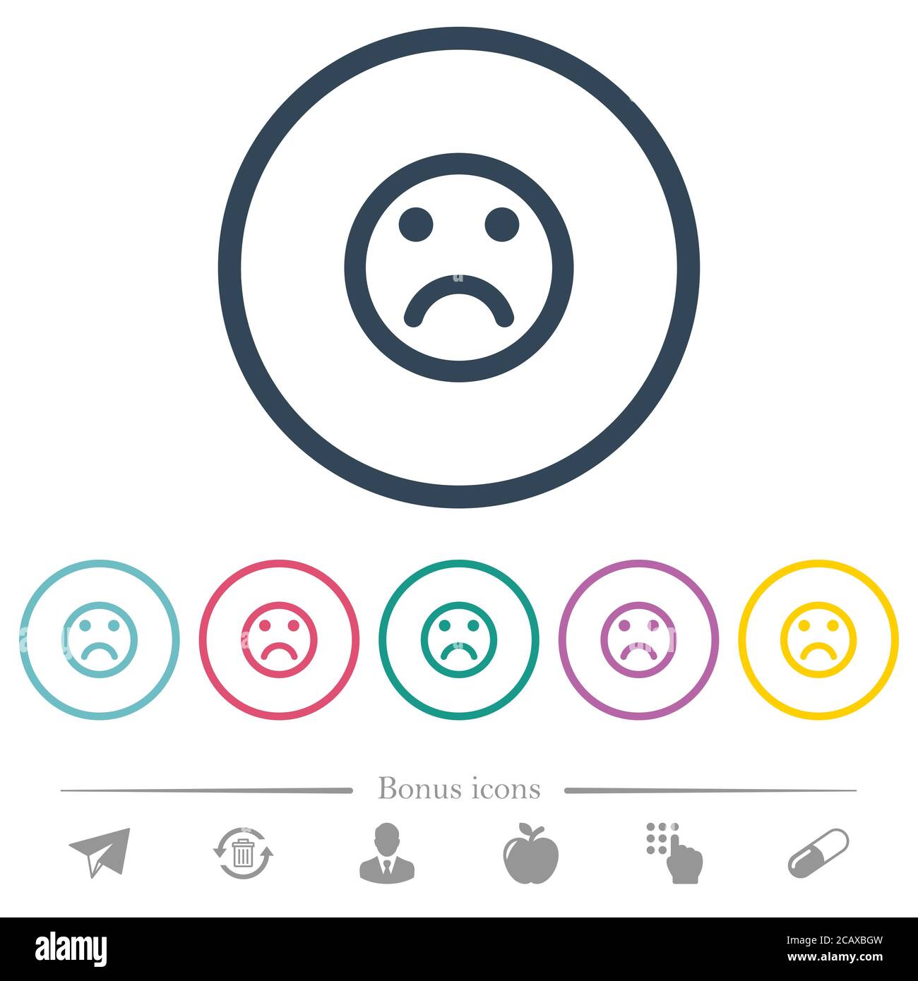 Sad emoticon flat color icons in round outlines. 6 bonus icons included ...