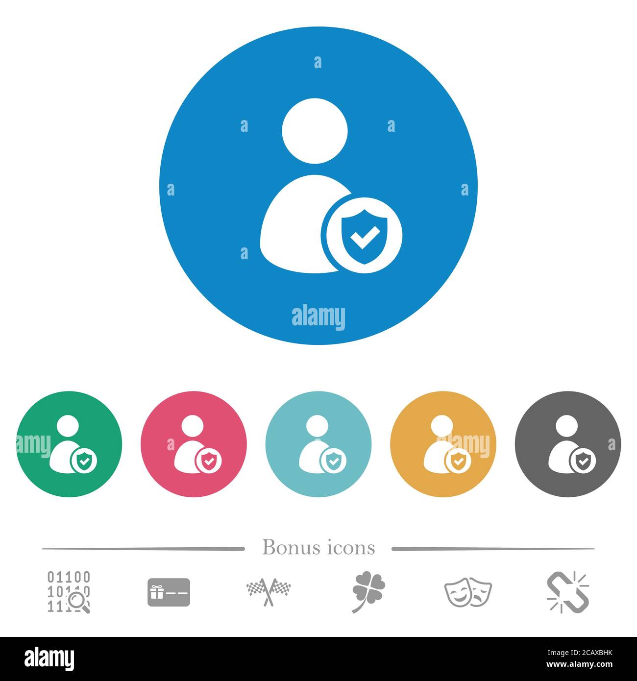 User account protected flat white icons on round color backgrounds. 6 ...