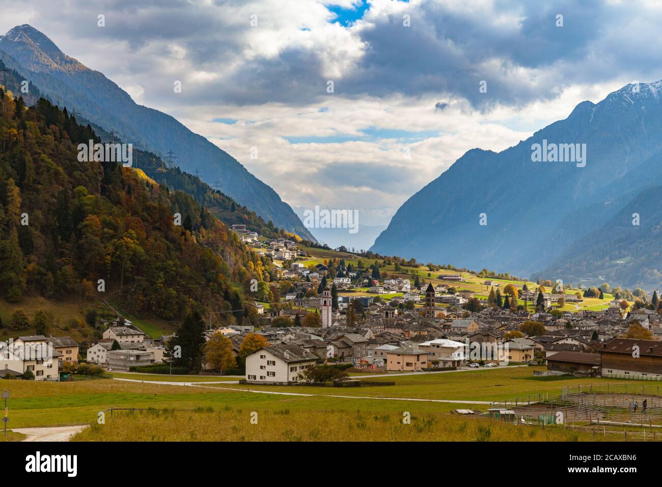 Beautiful panorama view of Poschiavo town in valley with Swiss Alps in ...