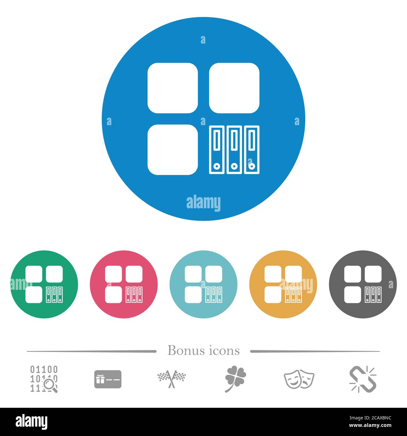 Archive component flat white icons on round color backgrounds. 6 bonus ...