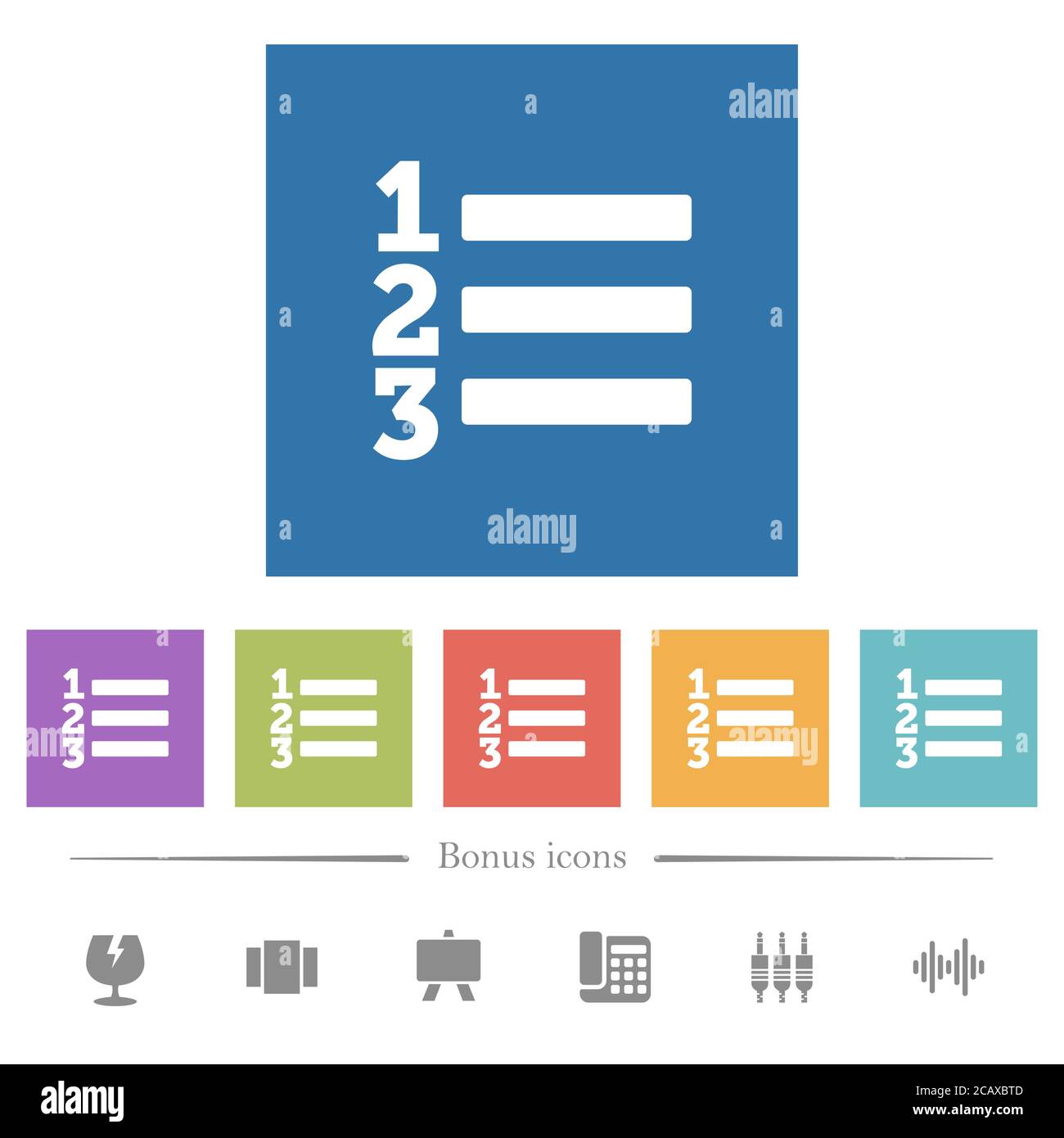 Ordered list flat white icons in square backgrounds. 6 bonus icons ...