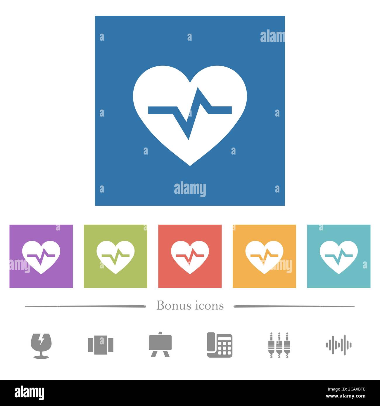 Heartbeat flat white icons in square backgrounds. 6 bonus icons ...
