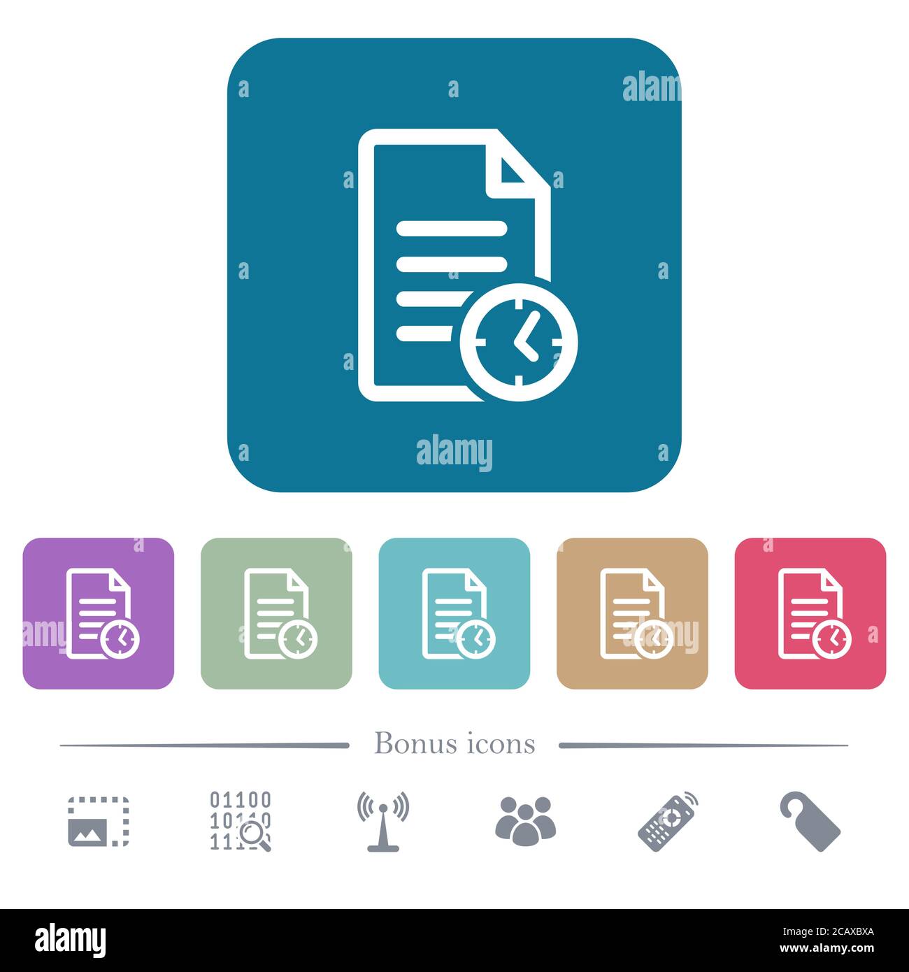 Document last modified time white flat icons on color rounded square backgrounds. 6 bonus icons ...