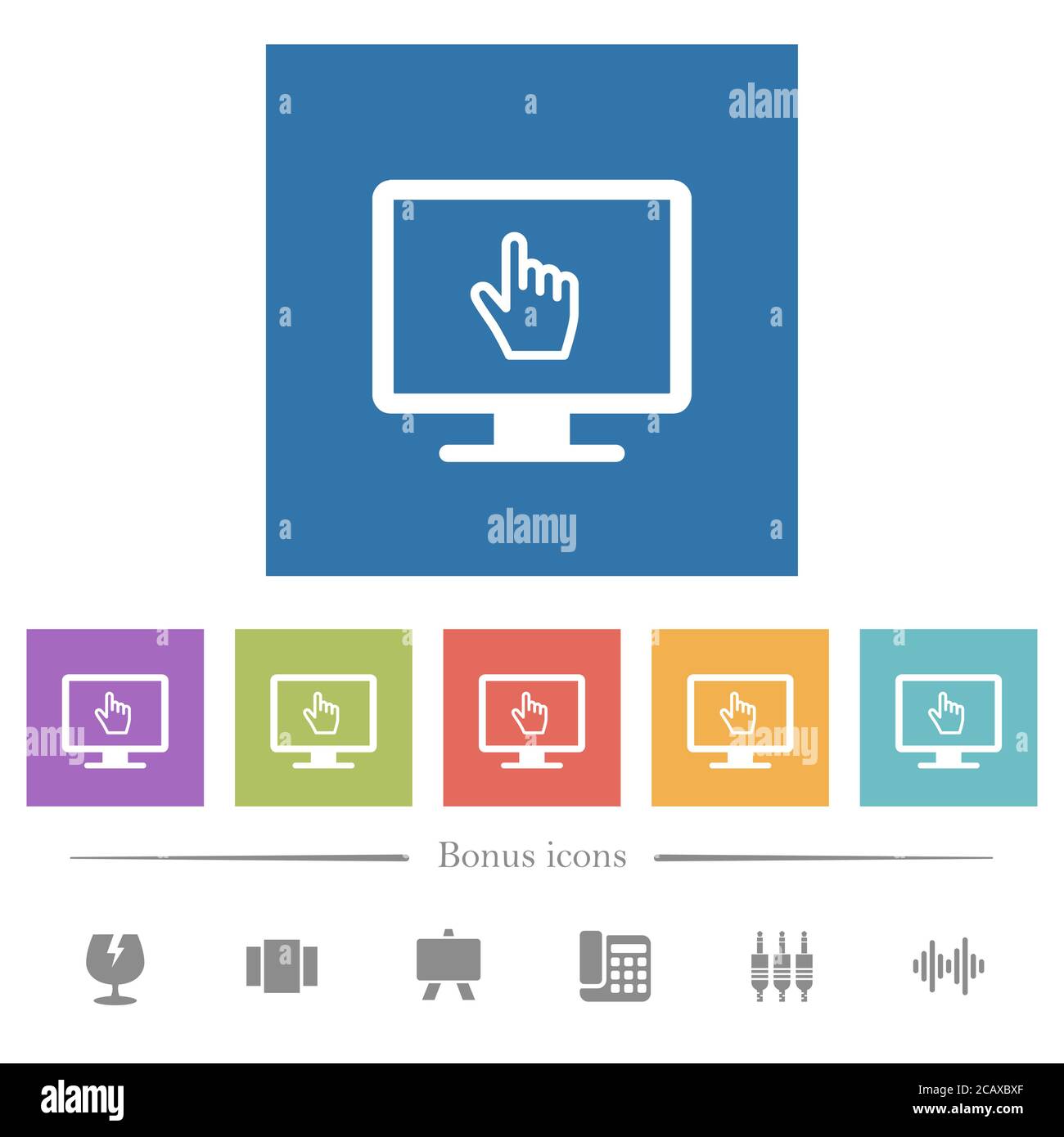 Monitor with pointing cursor flat white icons in square backgrounds. 6 ...
