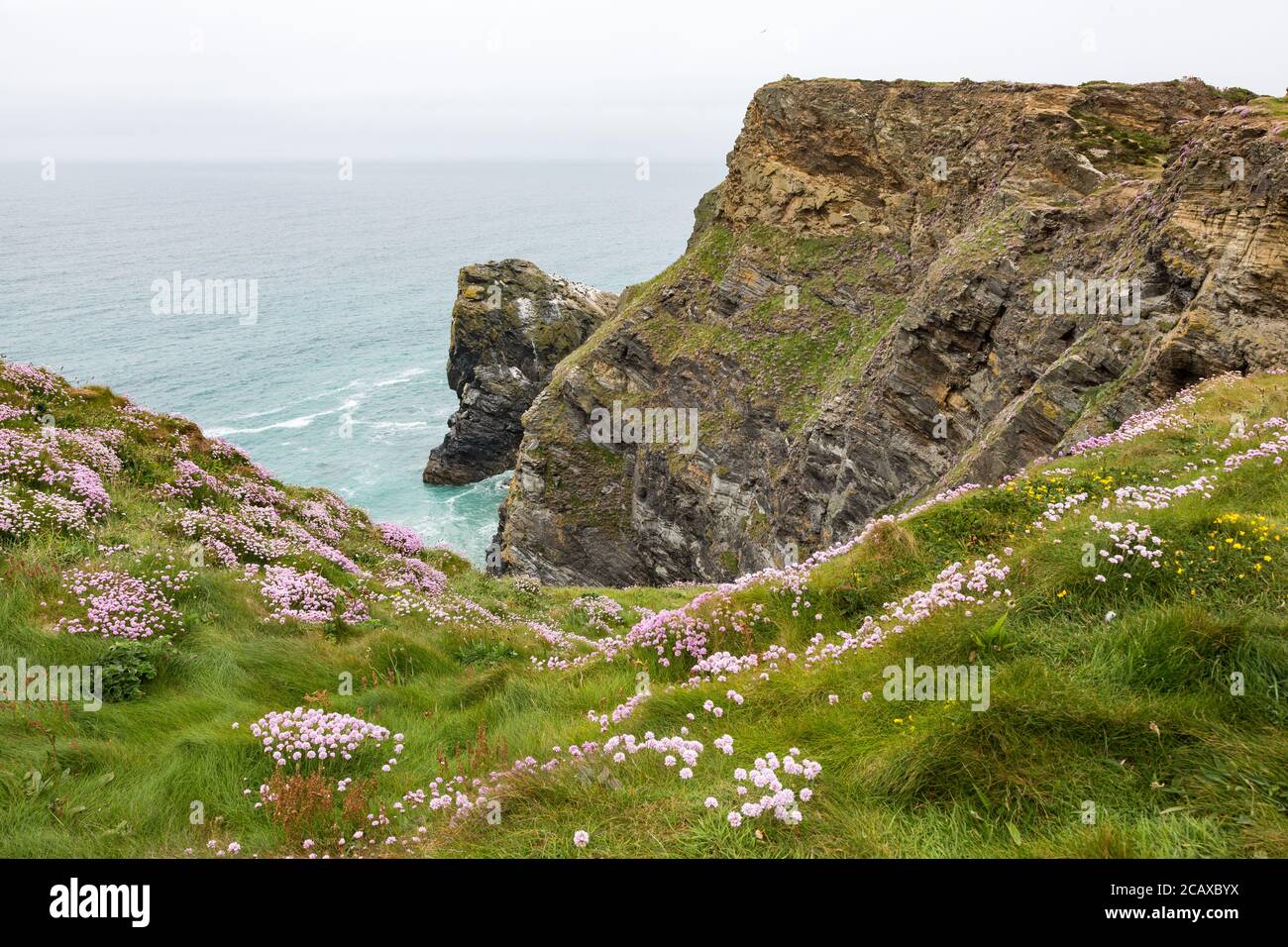 Coastal view and cliffs of Hell's Mouth Bay in Cornwall, UK Stock Photo ...