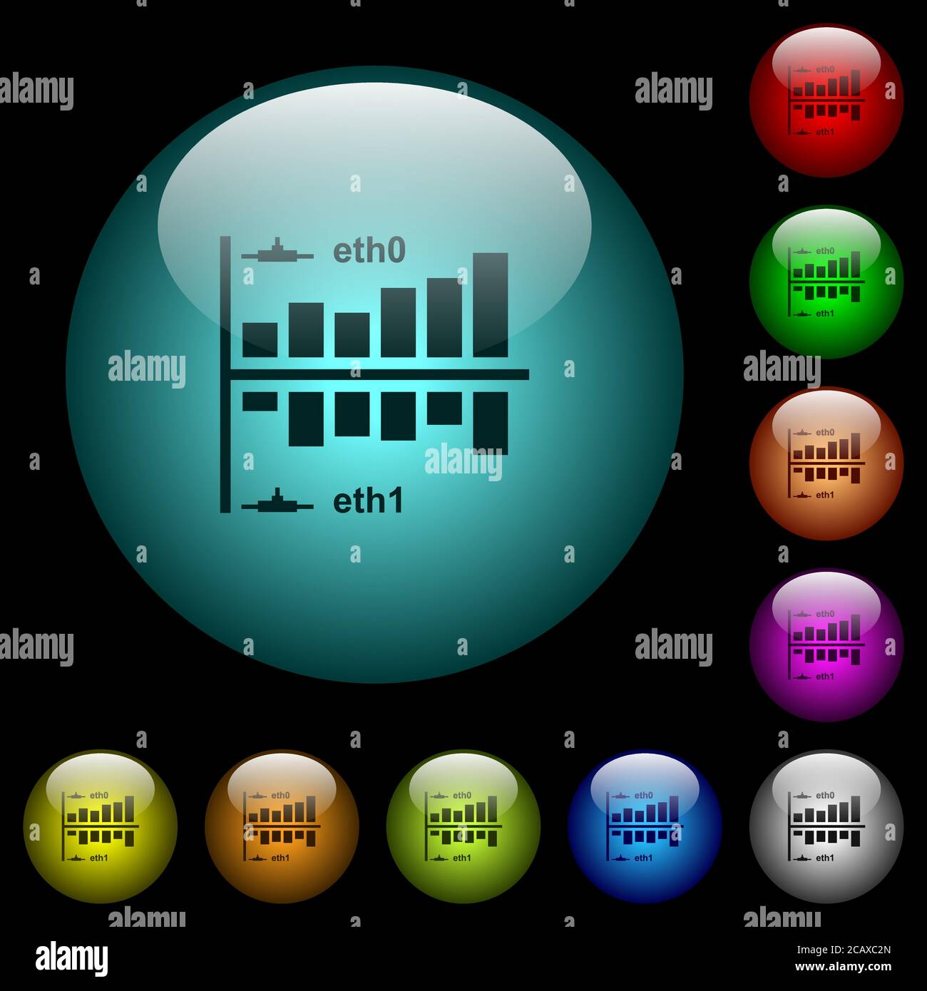 Network statistics icons in color illuminated spherical glass buttons ...