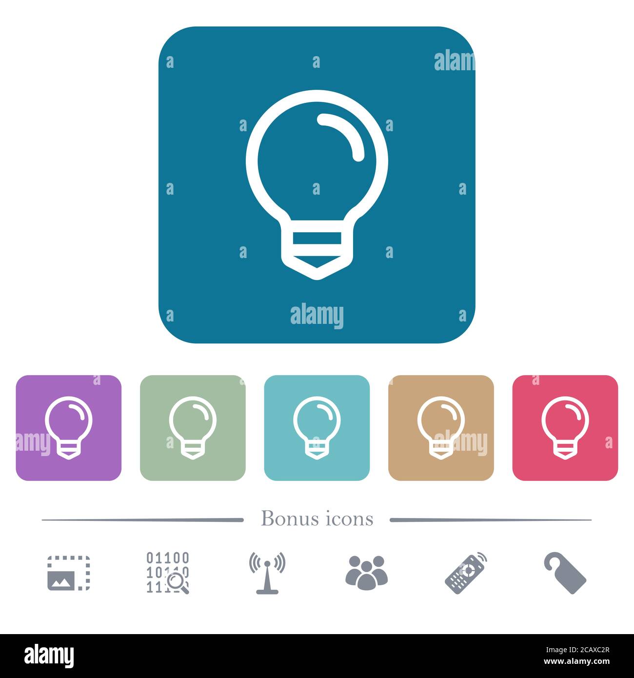 Light bulb white flat icons on color rounded square backgrounds. 6 ...