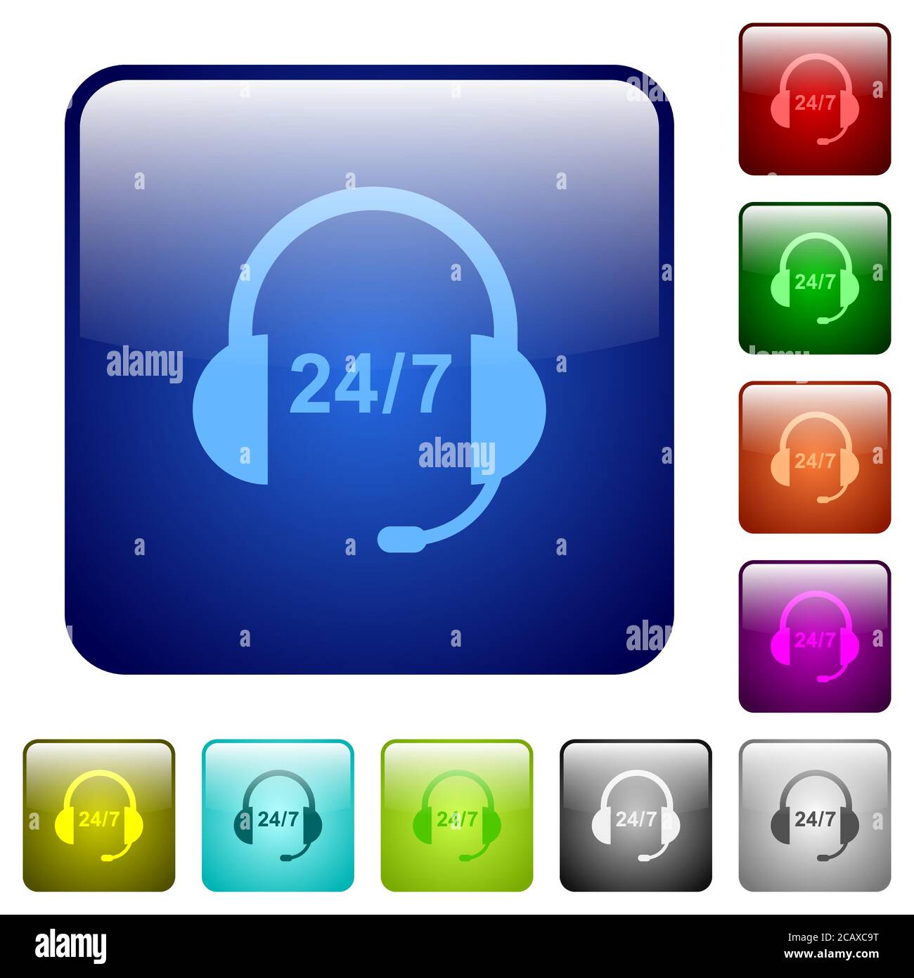 24 hour call center icons in rounded square color glossy button set ...