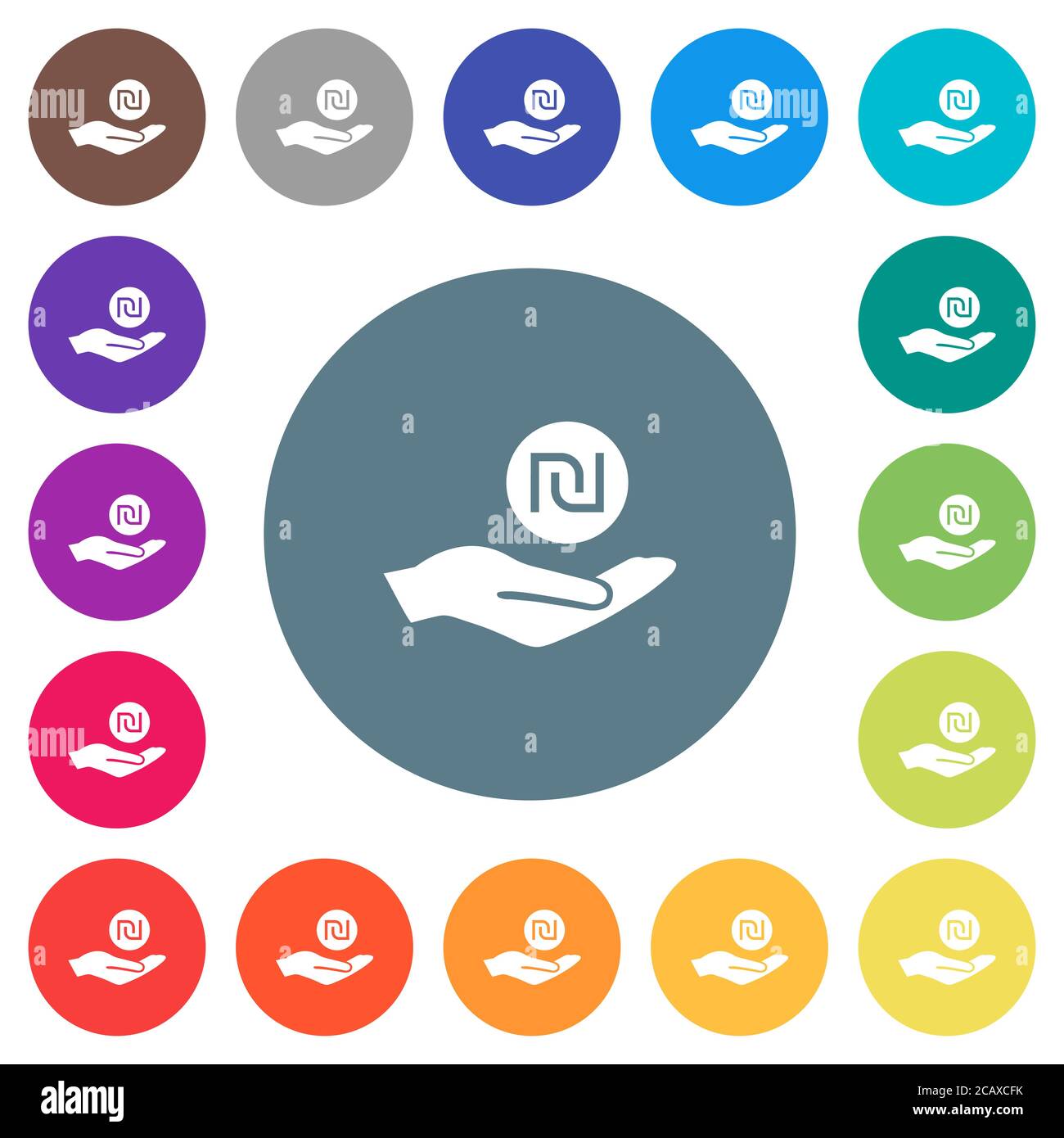 Israeli new Shekel earnings flat white icons on round color backgrounds ...