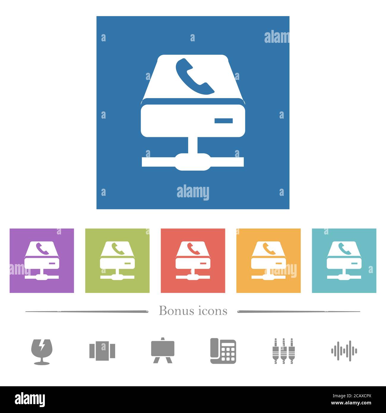 VoIP services flat white icons in square backgrounds. 6 bonus icons ...