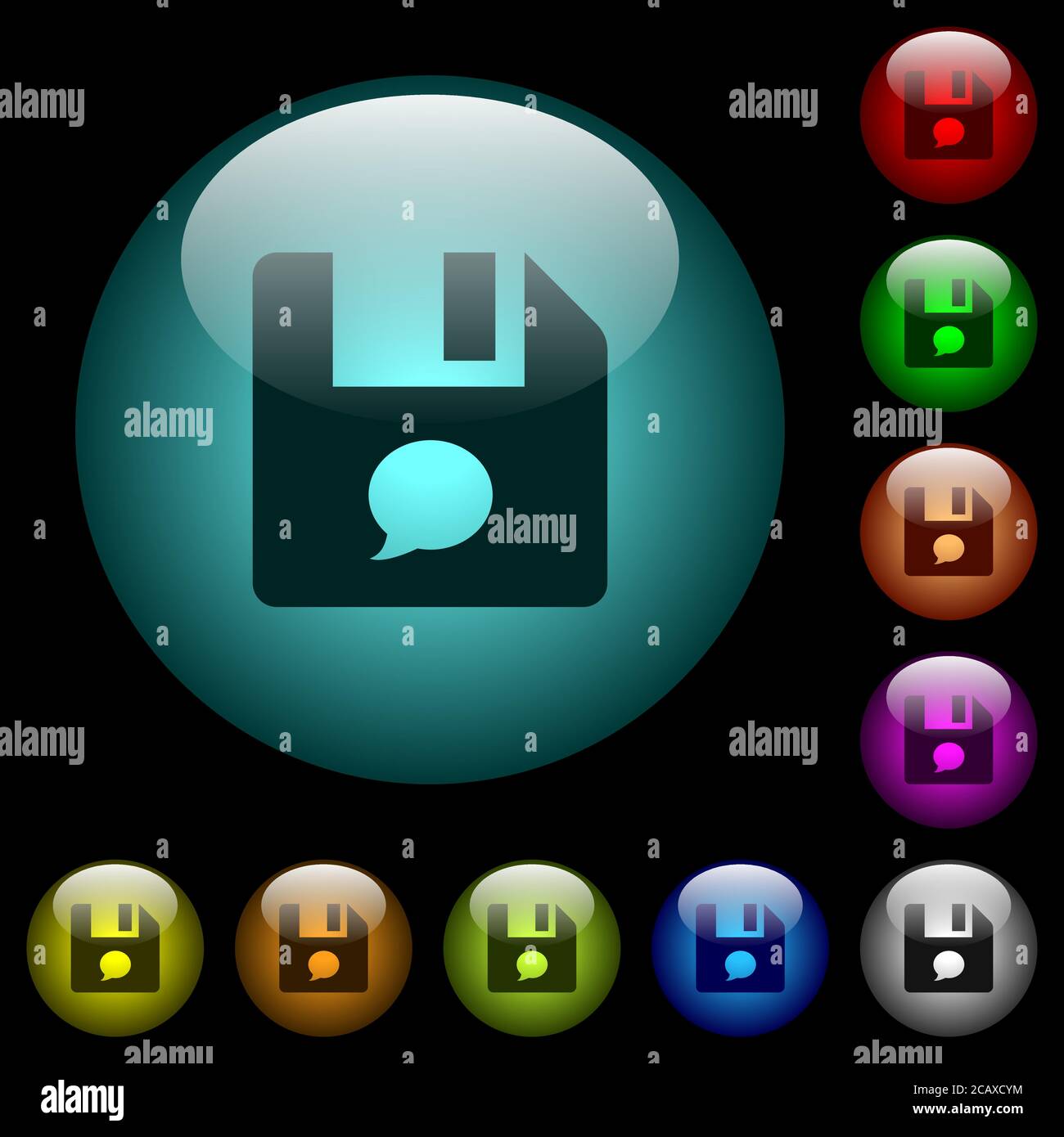 File comment icons in color illuminated spherical glass buttons on ...