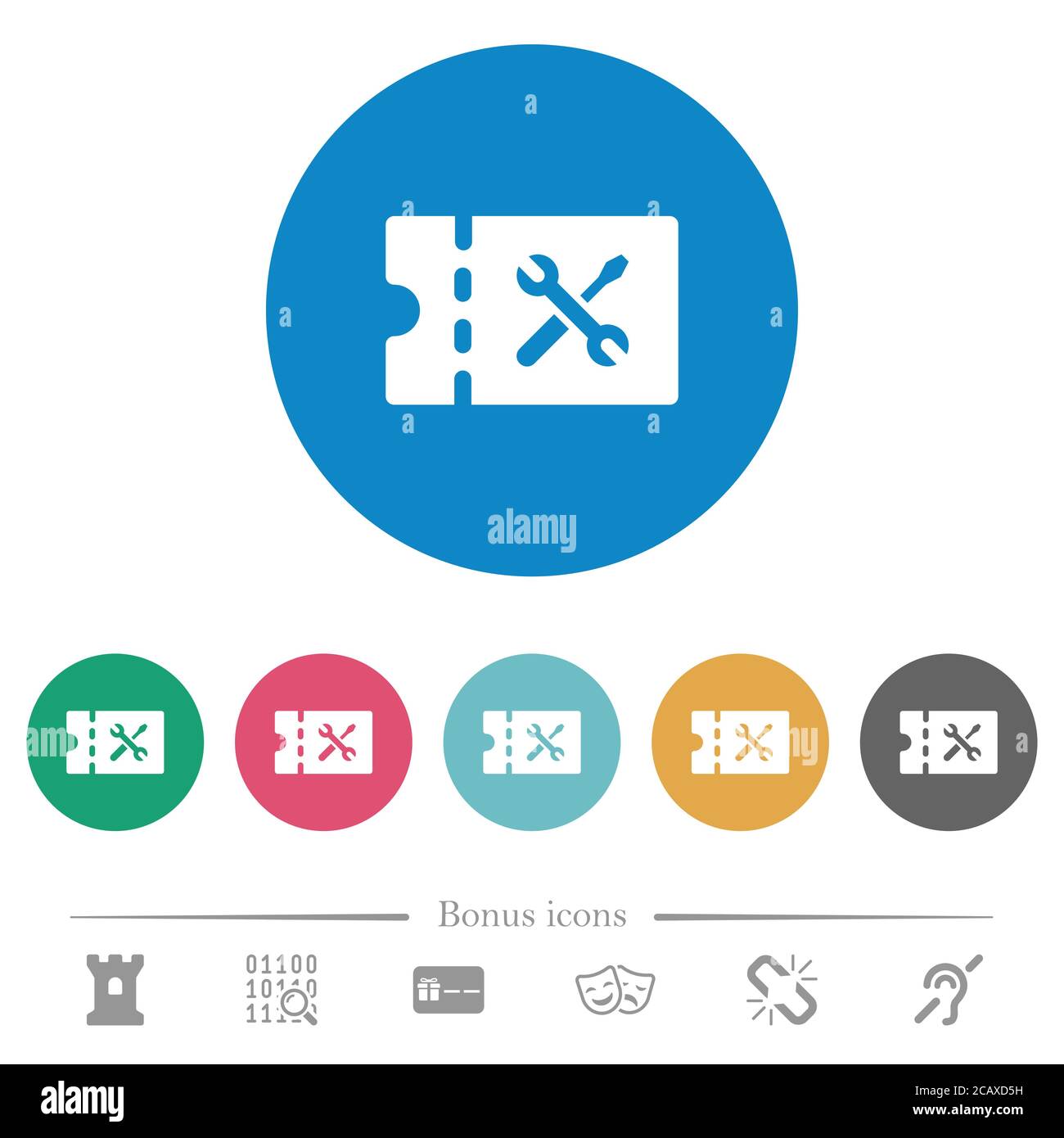 Workshop discount coupon flat white icons on round color backgrounds. 6 bonus icons included ...