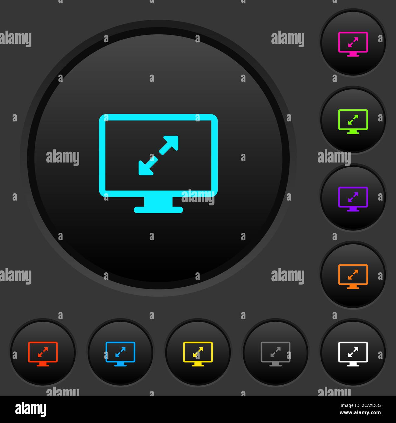 Adjust screen resolution dark push buttons with vivid color icons on dark grey background Stock ...