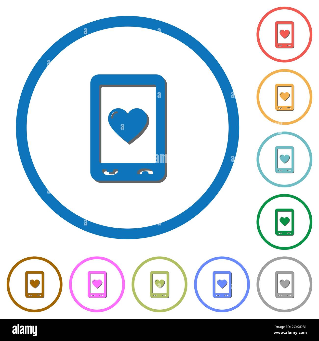 Favorite mobile content flat color vector icons with shadows in round ...