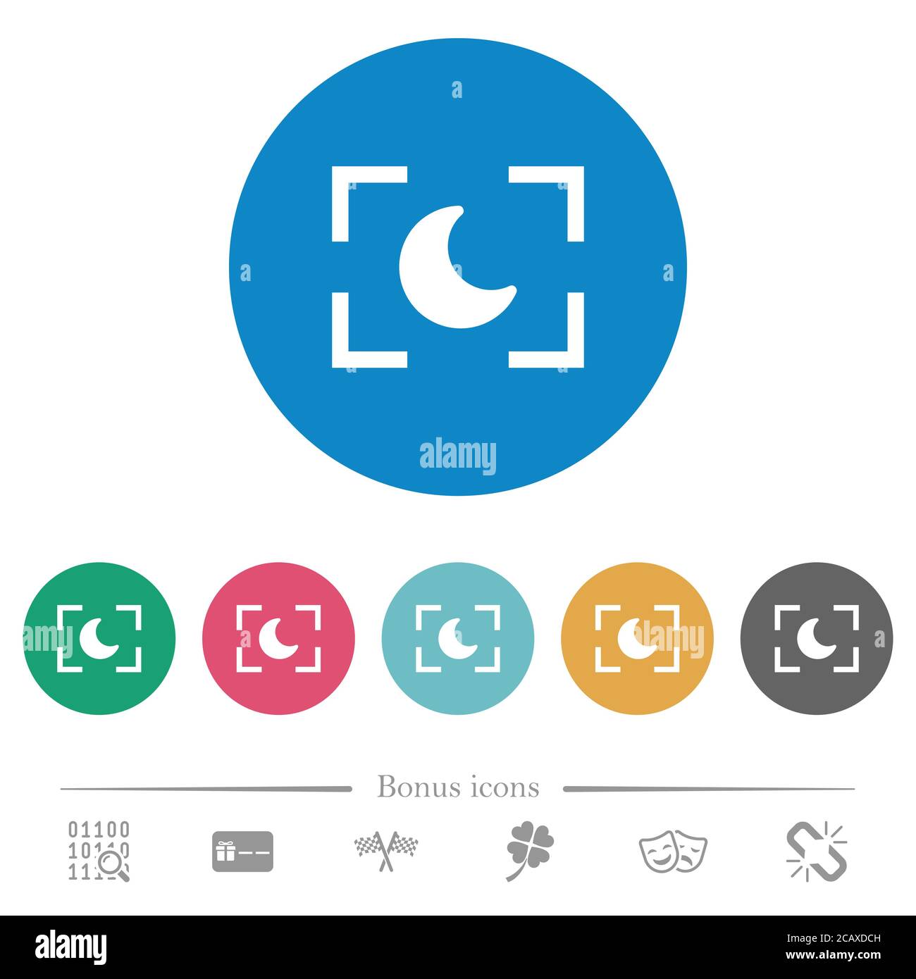 Camera night mode flat white icons on round color backgrounds. 6 bonus ...