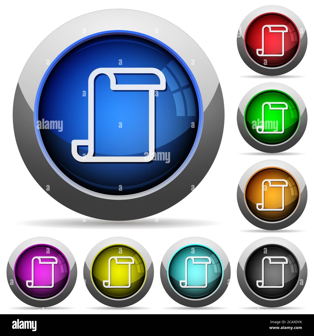 Blank paper scroll icons in round glossy buttons with steel frames ...