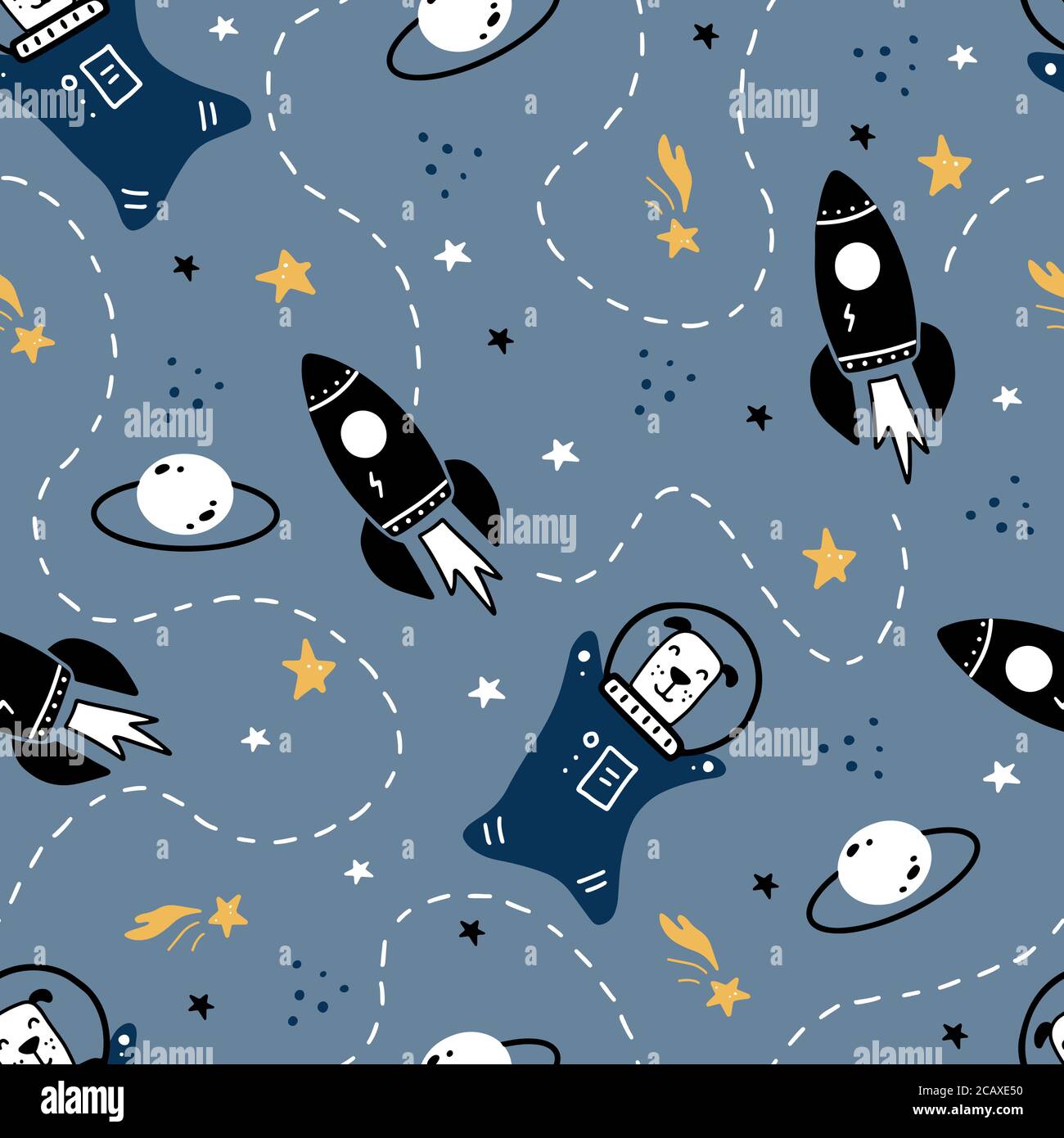 Hand drawn seamless pattern of space with star, comet, rocket, planet ...