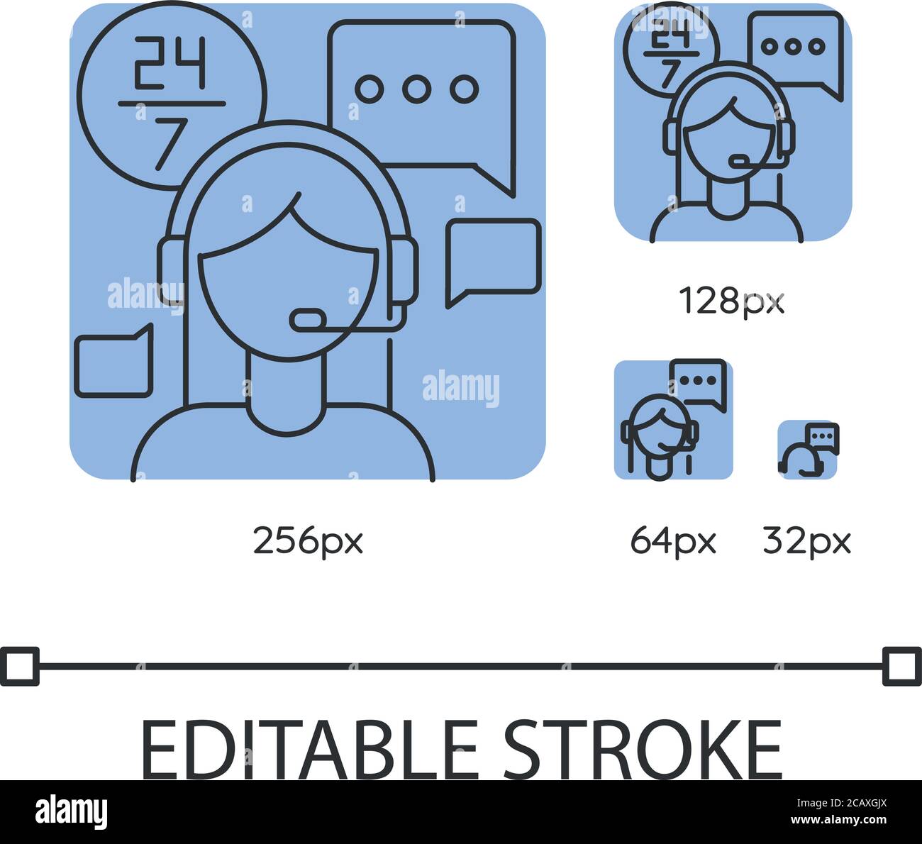 Customer service jobs blue linear icons set. 24 hours assistance ...