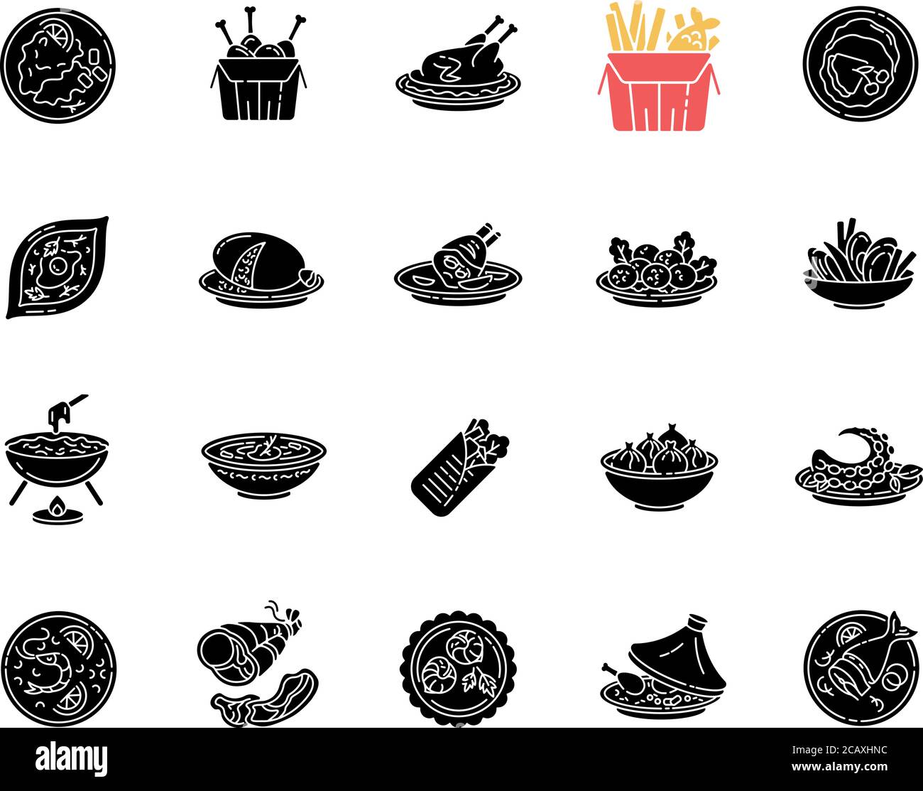 Best national dish black glyph icons set on white space. Traditional ...