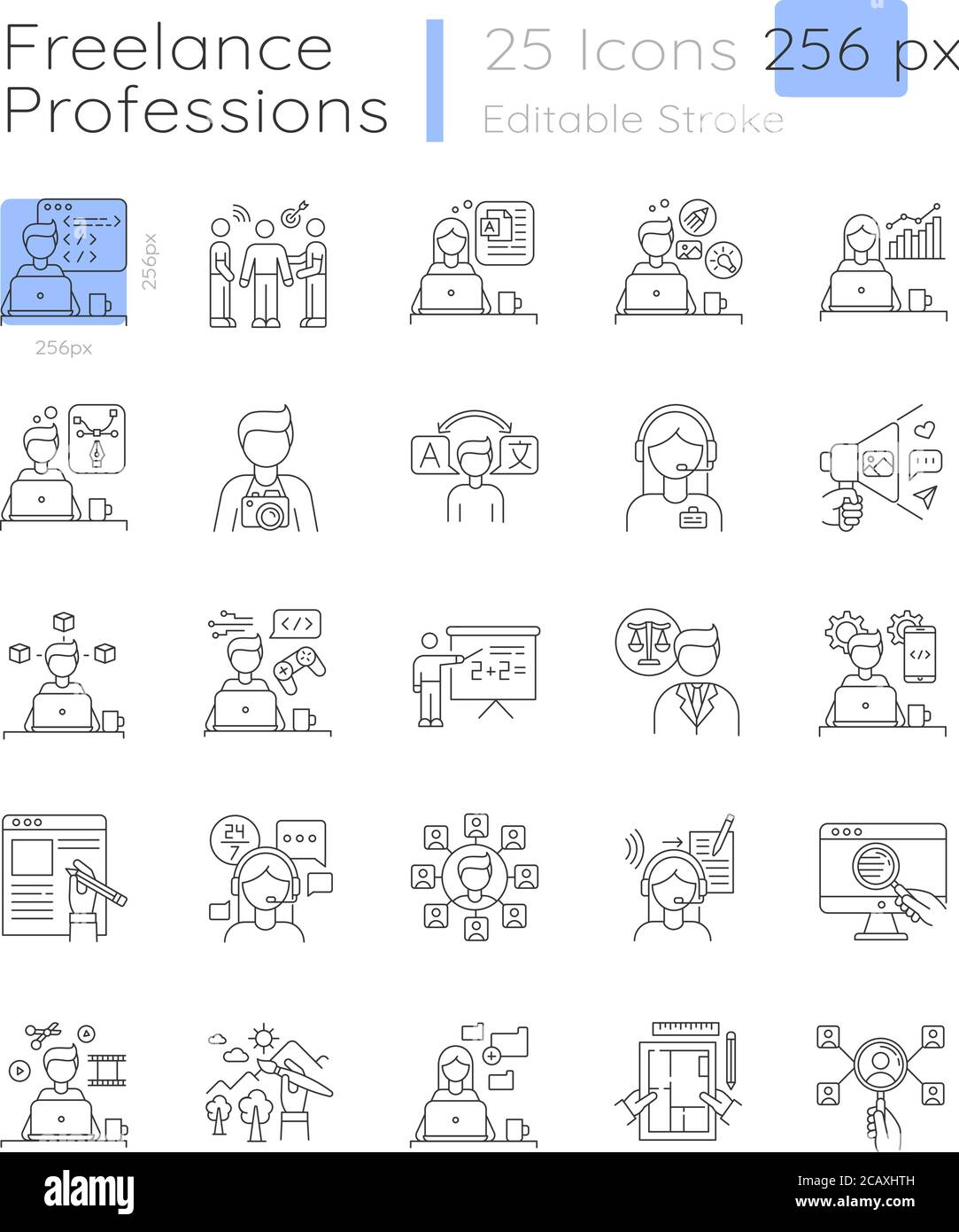 Freelance professions linear icons set. Branding and HR management ...