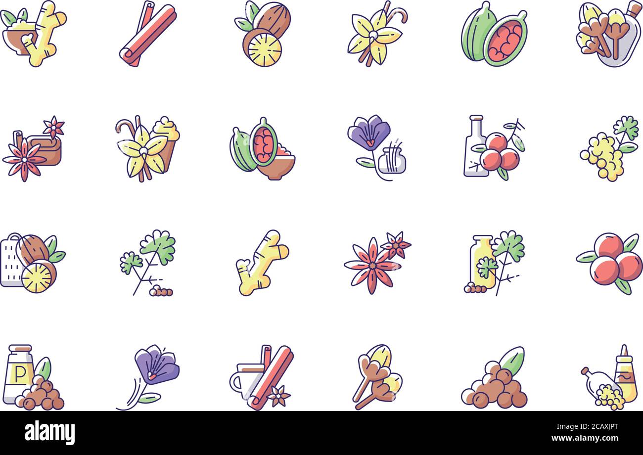 Asian spices RGB color icons set. Culinary herbs. Cooking ingredients ...