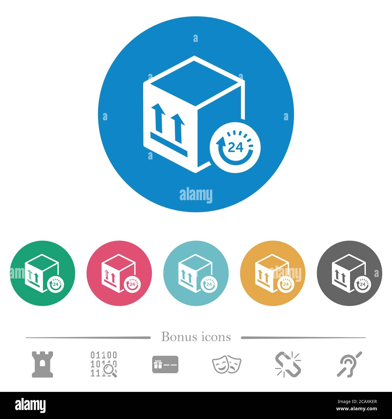 One day package delivery flat white icons on round color backgrounds. 6 ...