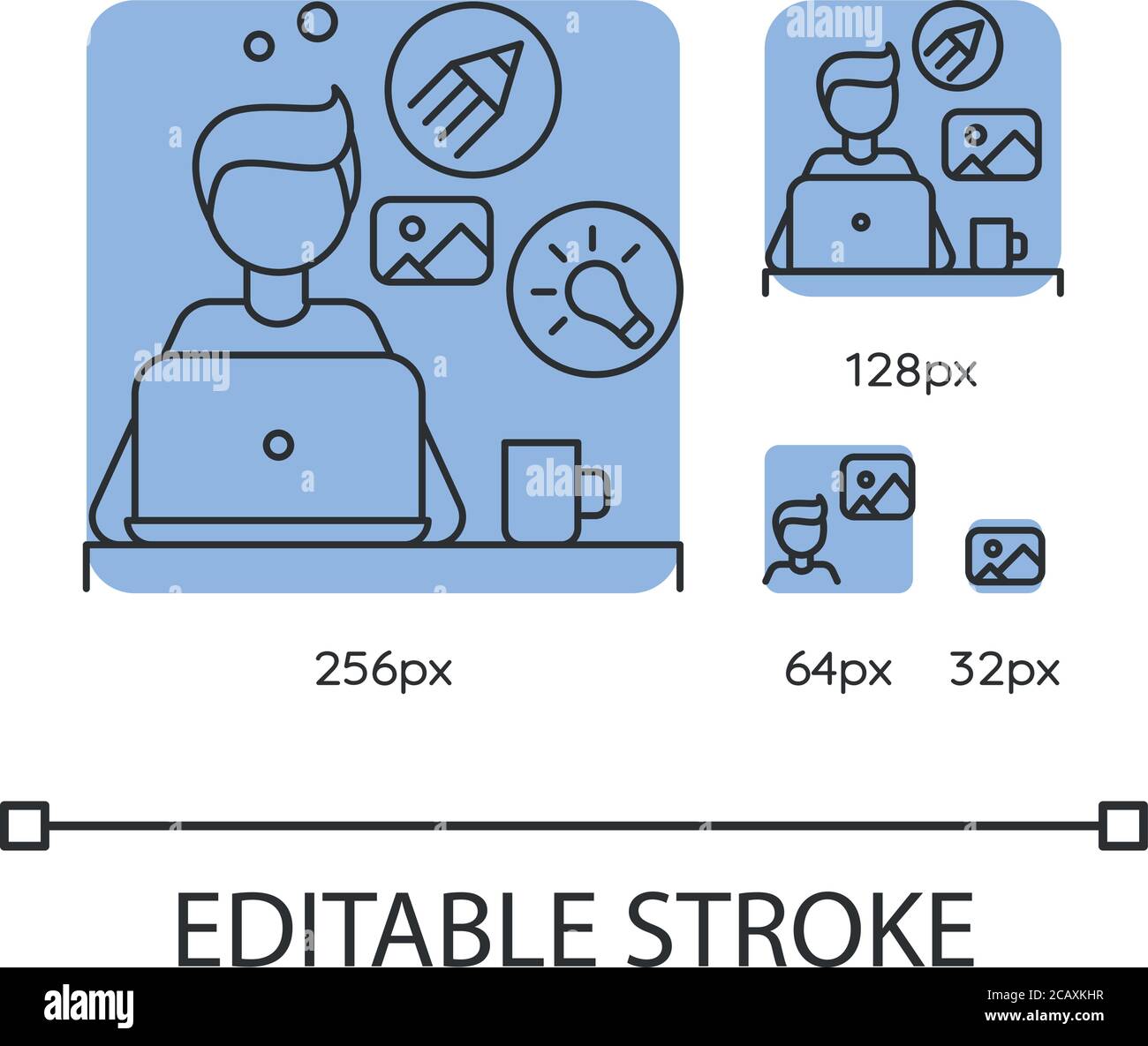 Creative designer blue linear icons set. Editing, computer graphics ...