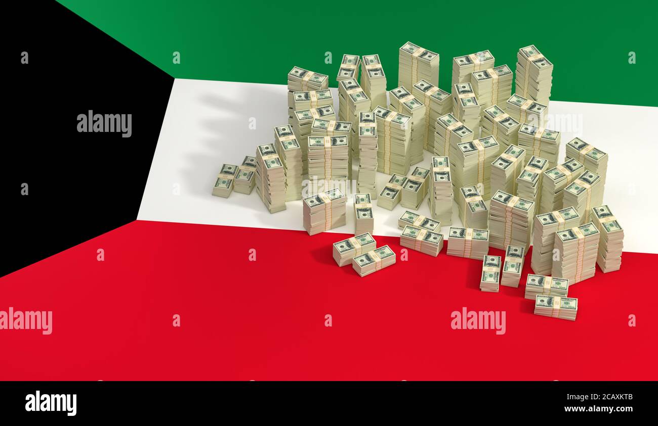 Stacks of 100 Dollar banknotes on Kuwait national flag. 3D Rendering ...