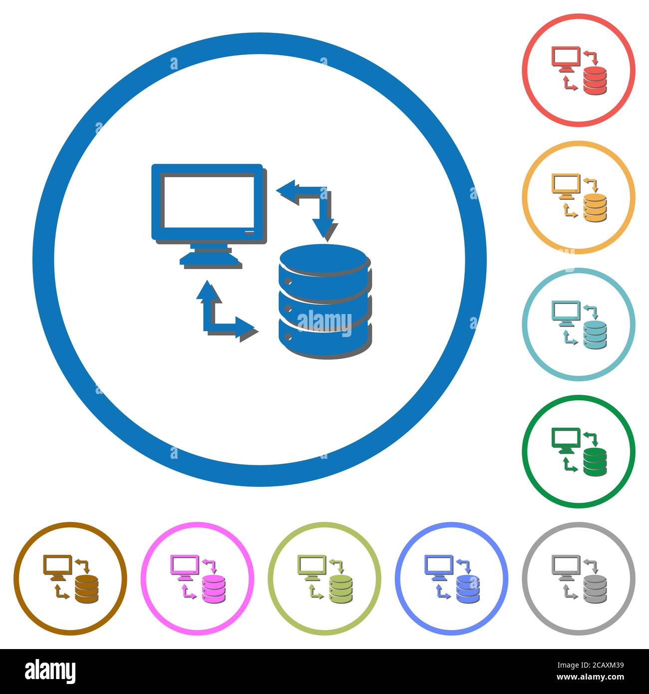 Syncronize Data With Database Flat Color Vector Icons With Shadows In Round Outlines On White