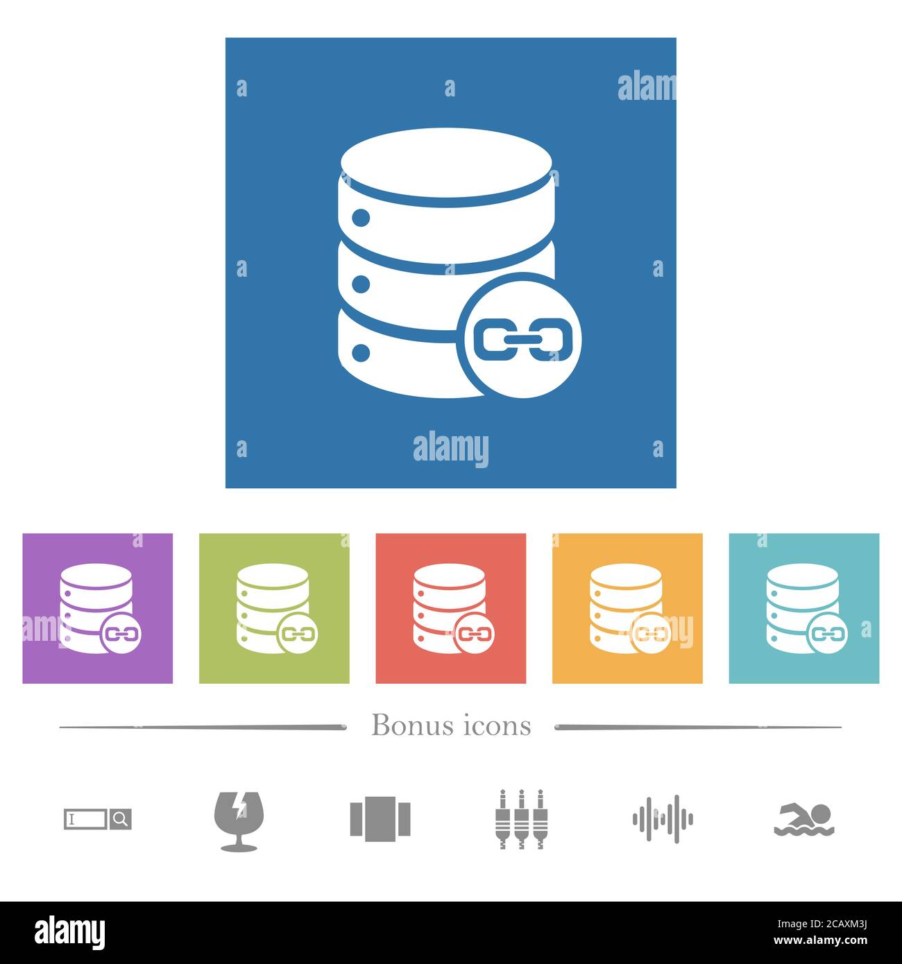 Joined database tables flat white icons in square backgrounds. 6 bonus ...