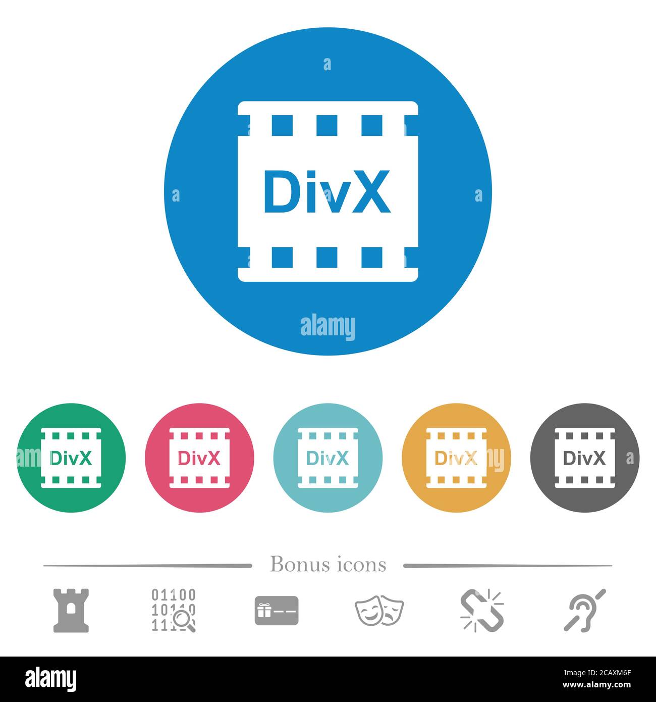 DivX movie format flat white icons on round color backgrounds. 6 bonus ...