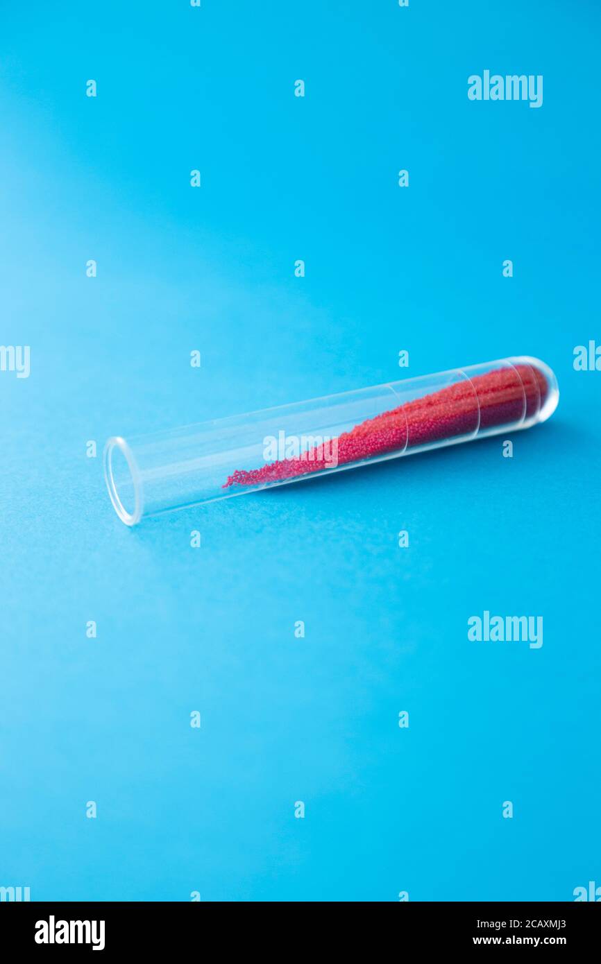 Transparent test tube with red granules on a blue background Stock ...
