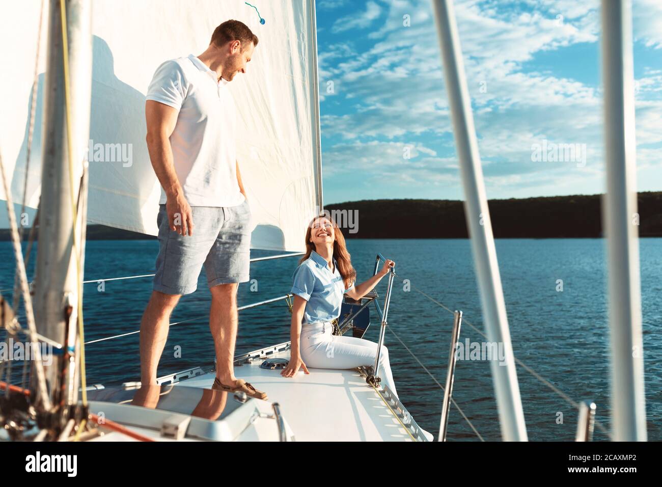 Couple Having Date On Yacht Enjoying Boat Ride Outdoors Stock Photo - Alamy