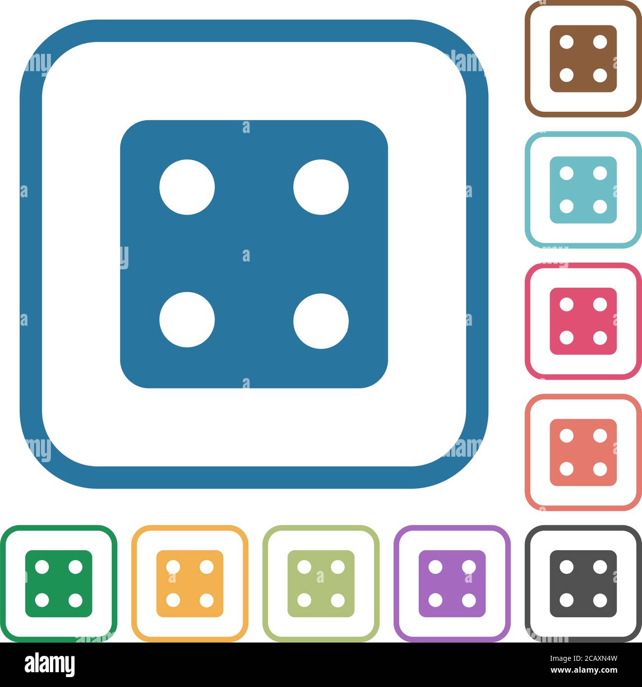 Dice four simple icons in color rounded square frames on white ...