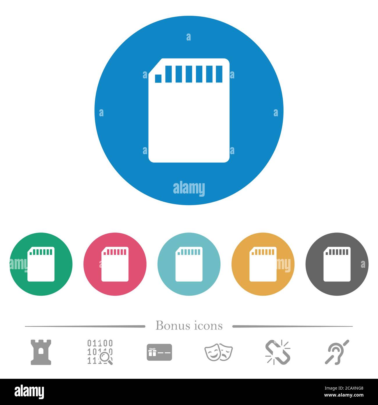 SD memory card flat white icons on round color backgrounds. 6 bonus ...