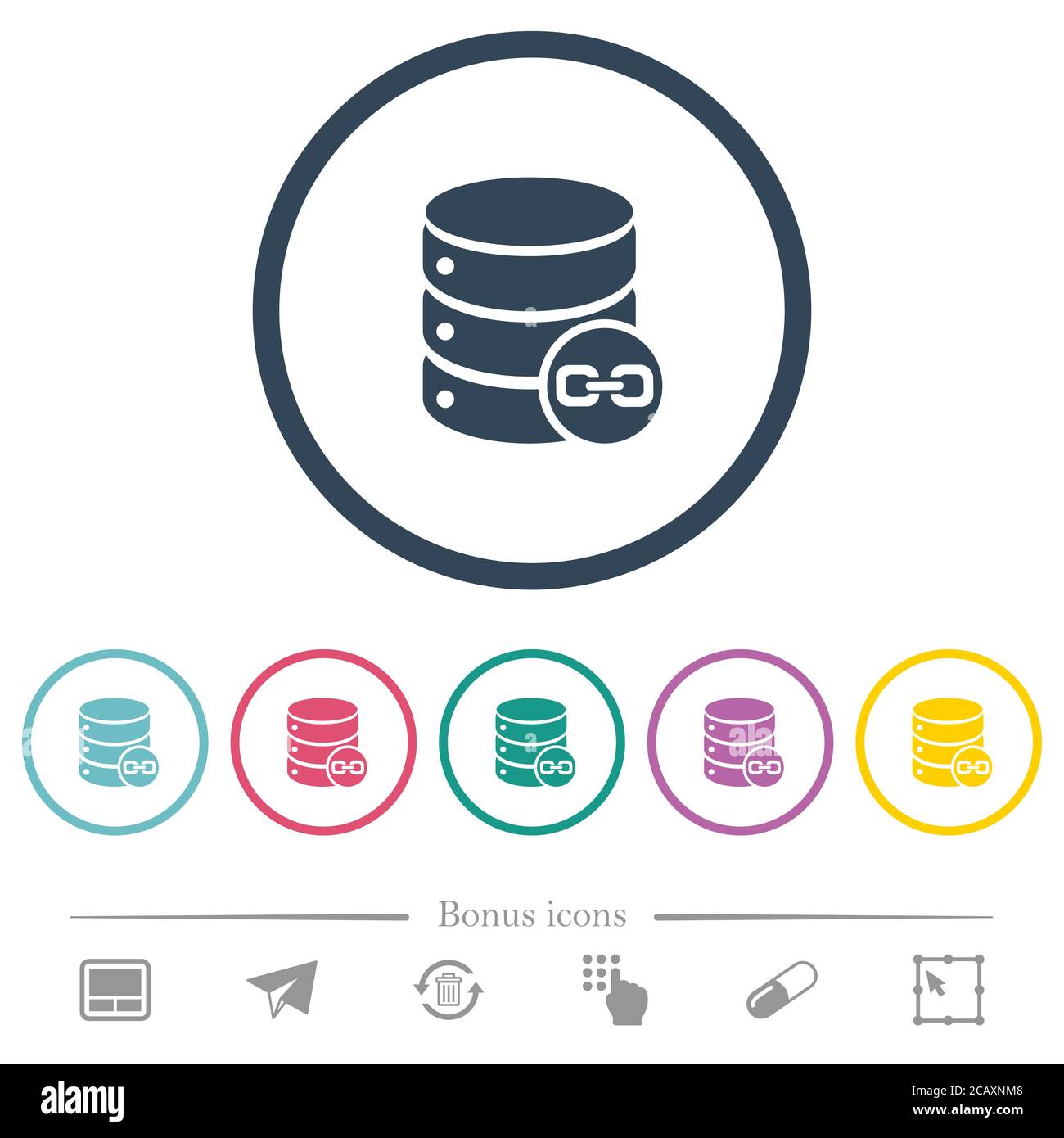 Joined database tables flat color icons in round outlines. 6 bonus ...