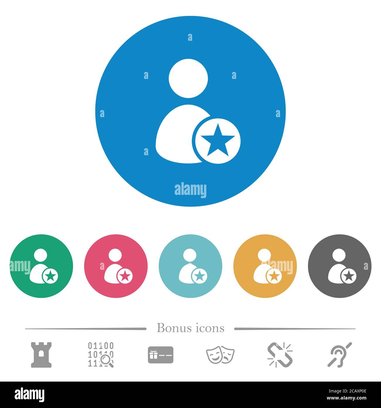 Rank user flat white icons on round color backgrounds. 6 bonus icons ...