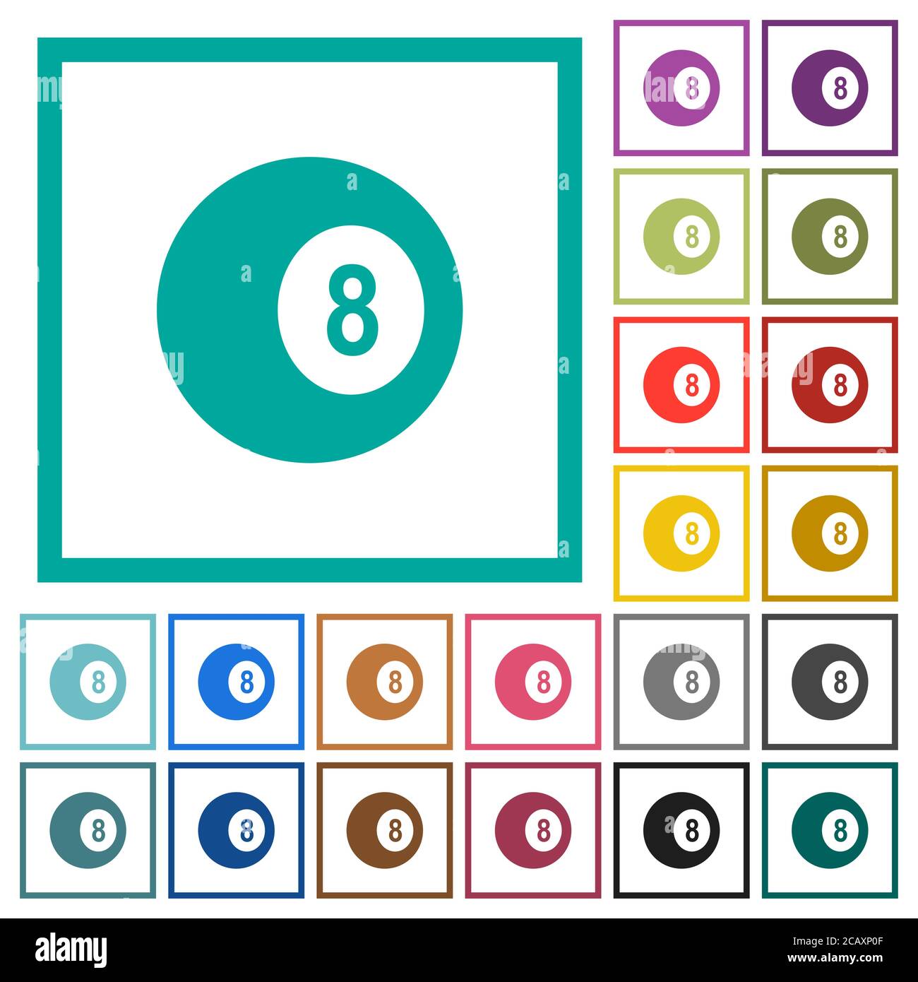 Black eight billiard ball flat color icons with quadrant frames on ...