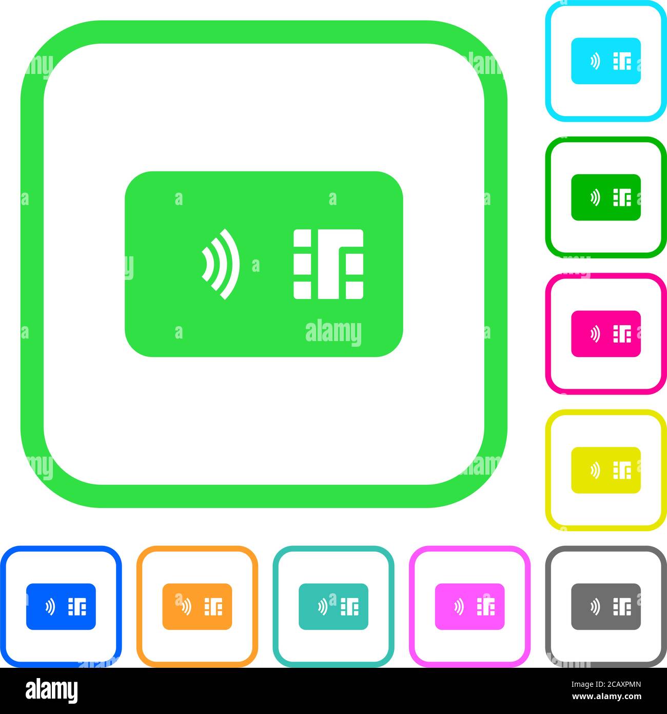 NFC chip card vivid colored flat icons in curved borders on white ...