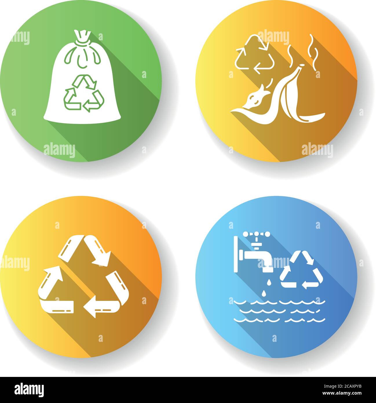 Zero waste tips flat design long shadow glyph icons set. Food waste ...